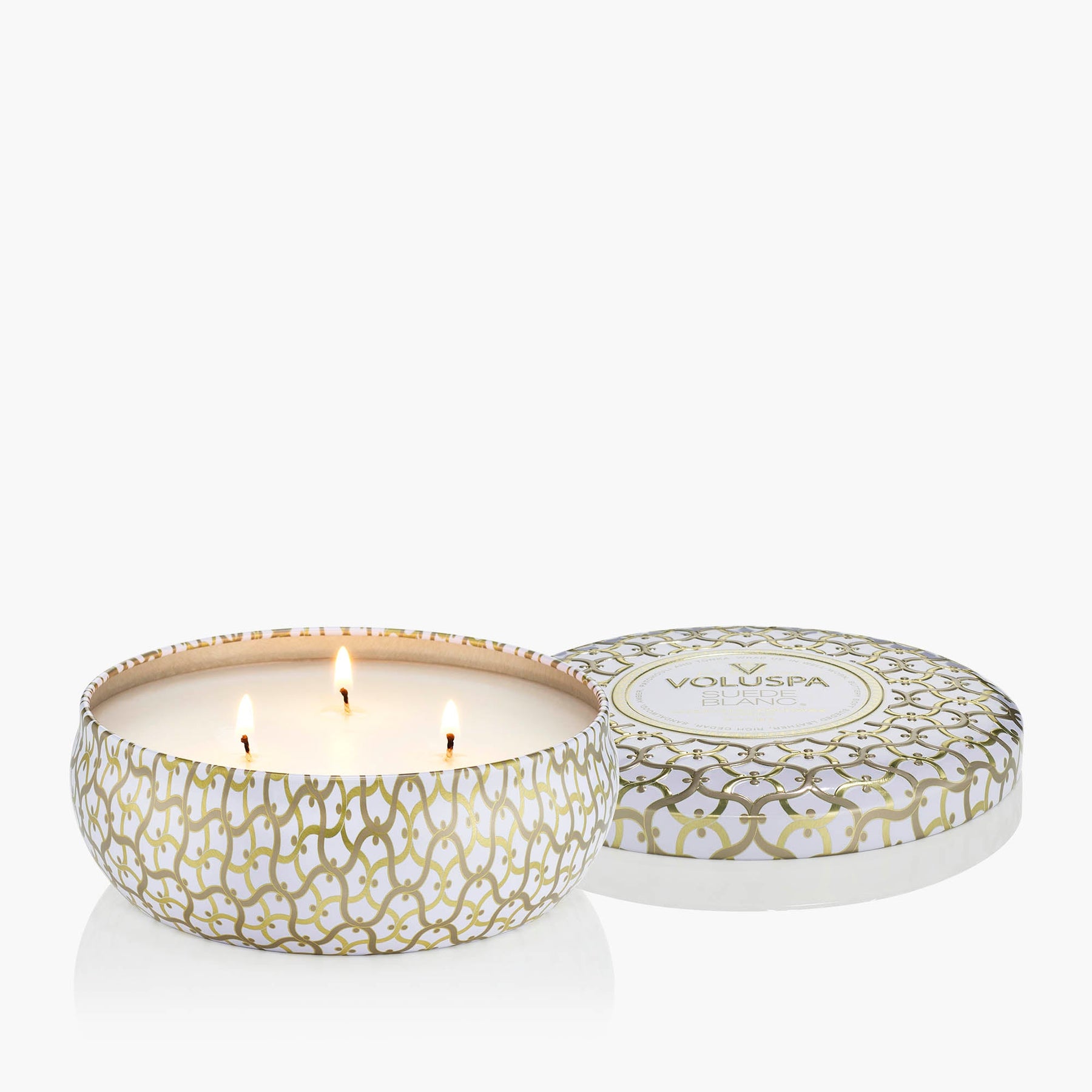 Voluspa: 3 Wick Tin Candle - Suede Blanc - Sea Island Trading ...